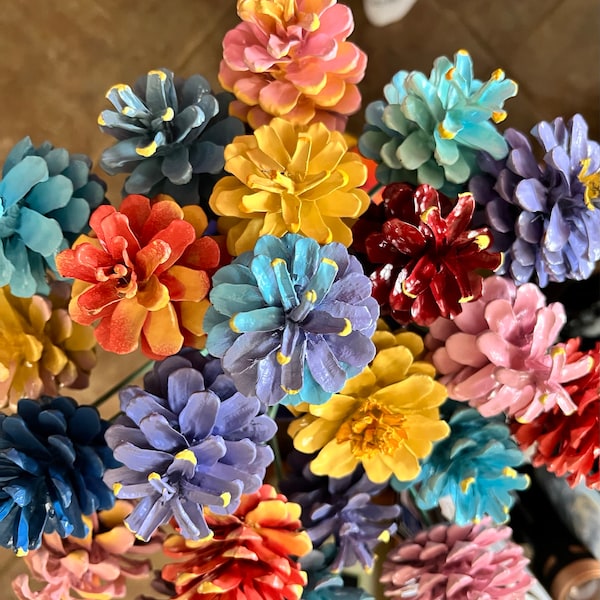 Spring Pine Cone Flowers, ORIGINAL Painted Pine Cones on 12-inch Wood ...