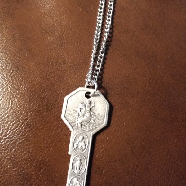 St Christopher & St Anthony Key Metal Pendant 2" Long With Stainless ...
