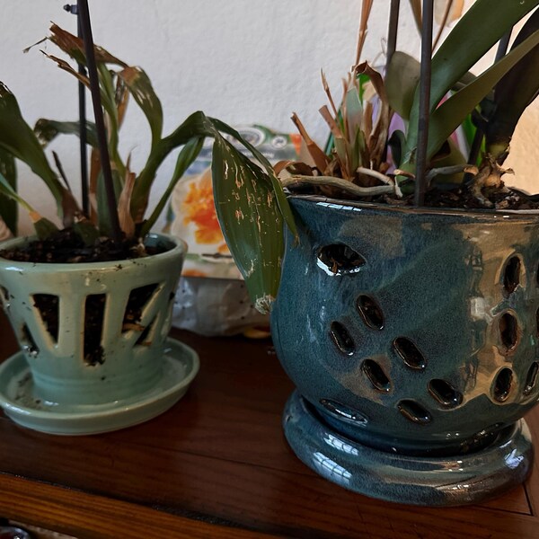 Orchid Pot With Matching Dish, Carved Angular Shapes, One-of-a-kind ...