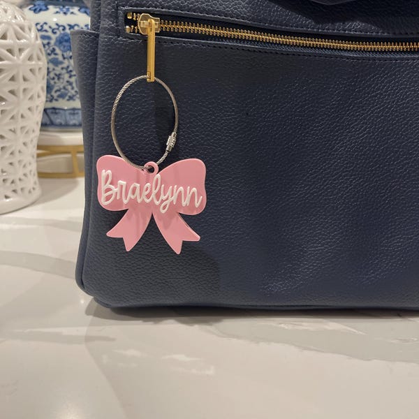 Personalized Acrylic Bow Bag Tag Coquette Bow Keychain Custom Bow Name ...