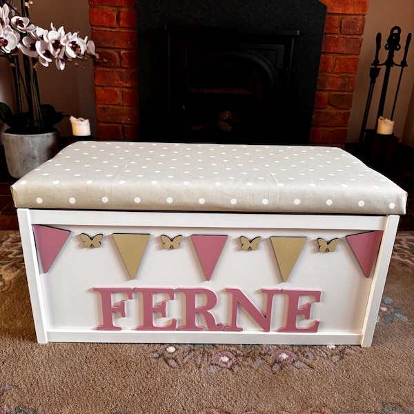 Wooden Personalised Toy Box With Safari Cushion Seat, Soft Close Hinge ...