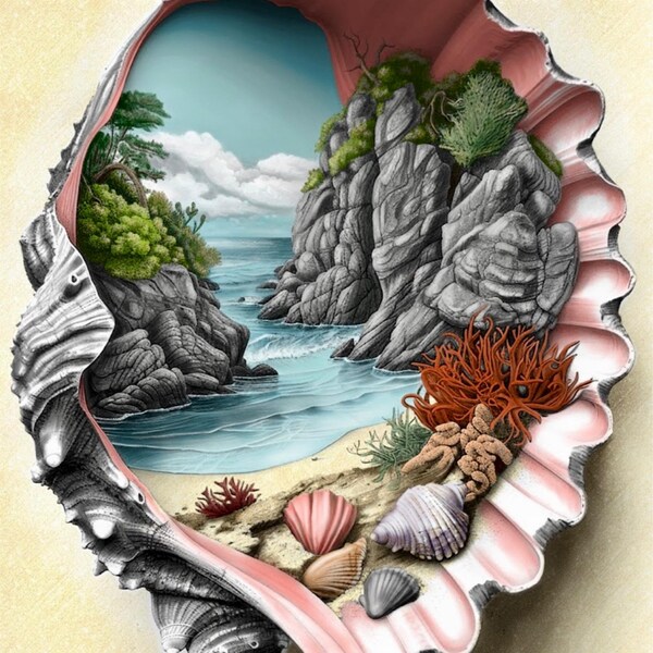 Whimsical Seashell Worlds Adult Coloring Pages, Magical Landscapes Grayscale Coloring Book ...