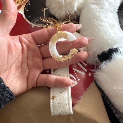 Glam White, Clear and Gold Initial Keychain Resin Initial Keychain ...