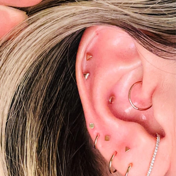 14k Solid Gold Sturdy Extra Long Chain Double Bar Earring, Multiple Piercing Threader, Two Hole ...