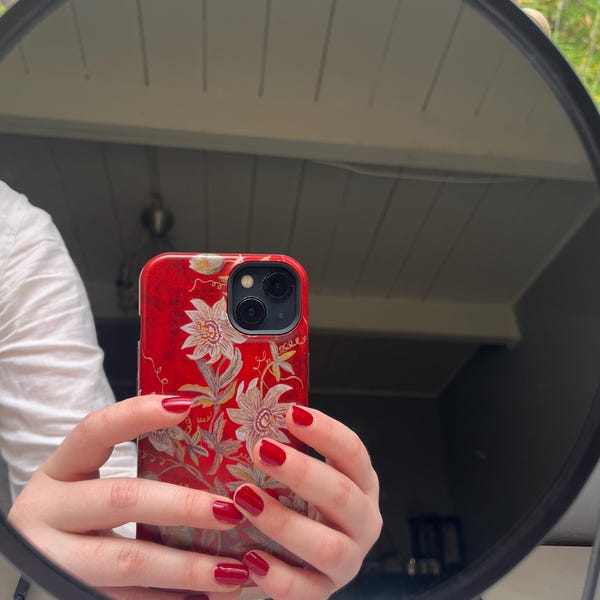 White Passionflowers on Deep Red Magsafe Tough iPhone Case for Iphones ...