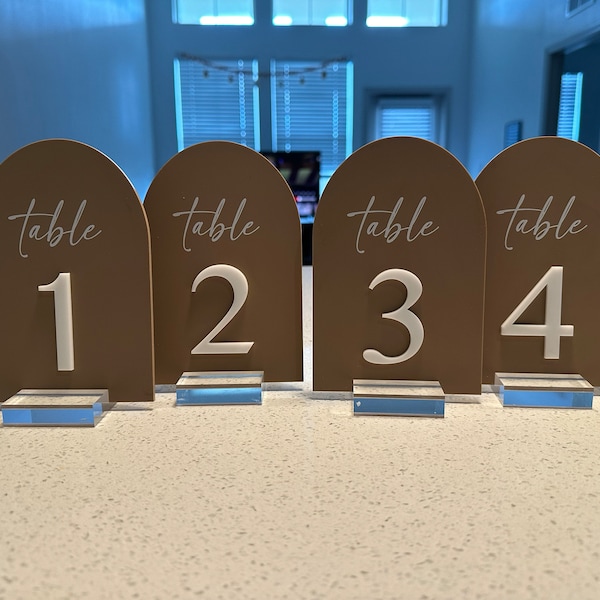 3D ARCH Acrylic Blush Dusty Blue and Gold Table Number Sign With Stands ...
