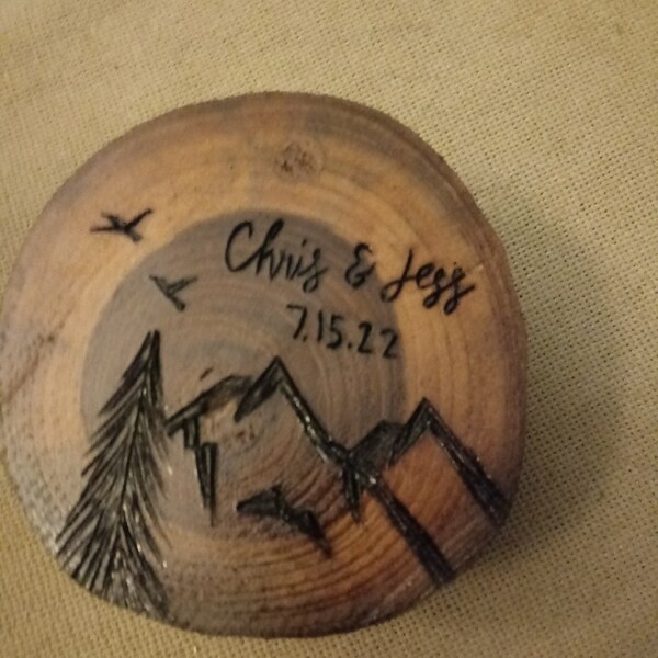 Personalized Wooden Wedding Ring Box - Mountain Pine Tree Birds Rustic ...