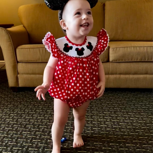 Mouse Ears Smocked Bubble Romper Red Polka Dot, Baby Girl, Birthday, Magical Trip 111 - Etsy