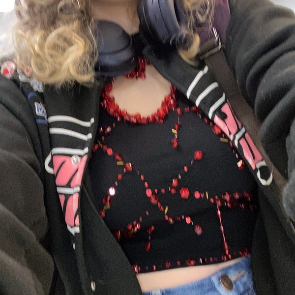 Missing Heart Cut Shirt, Bead Embroidered Heart Low-cut White Crop ...