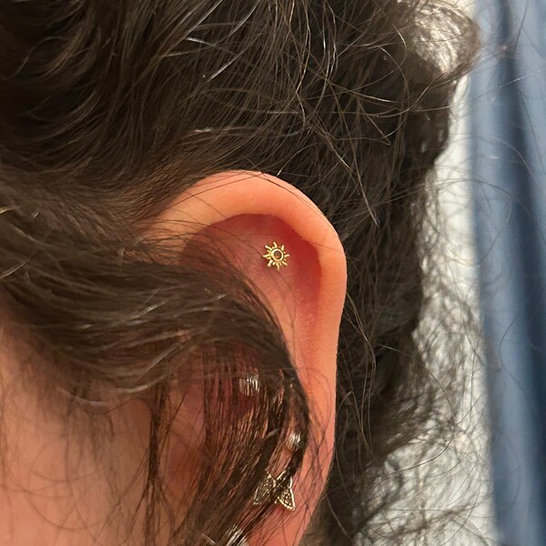 18G/16G Tiny Garnet Sun Internally Threaded Labret • Flat Back Earring • Tragus Stud • Flat Back ...