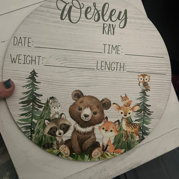Woodland Birth Stat Sign, Round Wood Birth Stat Sign, Woodland Animal ...