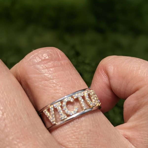Diamond Name Ring, Monogram Diamond Double Band Ring, Personalized 14k ...