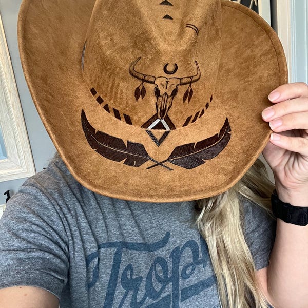 Made to Order - Hand Burned Floral Bull Skull Hat With Lilies, Western ...