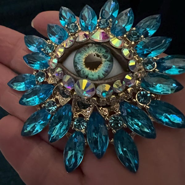 Vintage Blue Eyeball Brooch, Handmade Glass Iris, Rhinestone Sunburst ...
