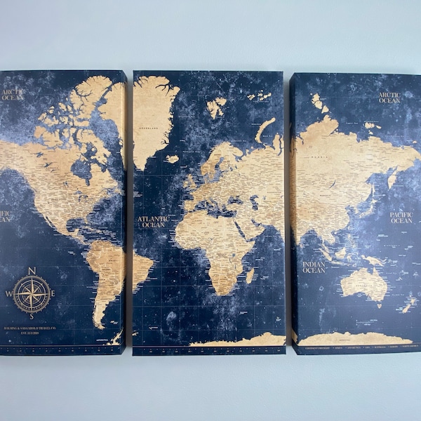 Gold & Navy Textured World Push Pin Map on Premium Canvas With ...