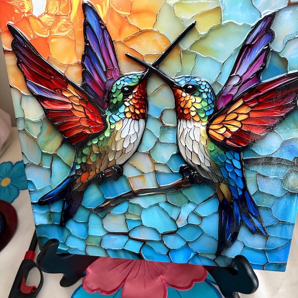 Hummingbirds Ceramic Art Tile Stained Glass Look Glossy Bookshelf Book ...