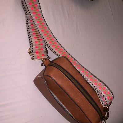 2 Inch Wide Grayish White and Pink Woven Strap Adjustable Crossbody Bag ...