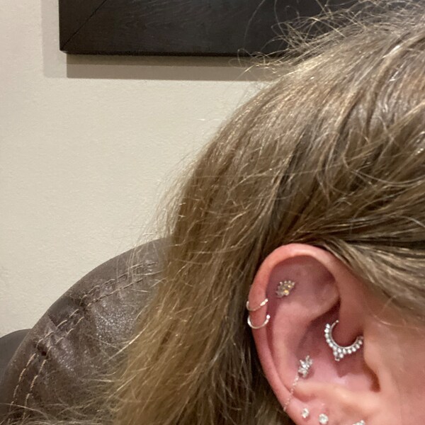 14K Solid Gold Pave Curved Baguette Cut Helix Piercing, Cz Stone Tragus ...