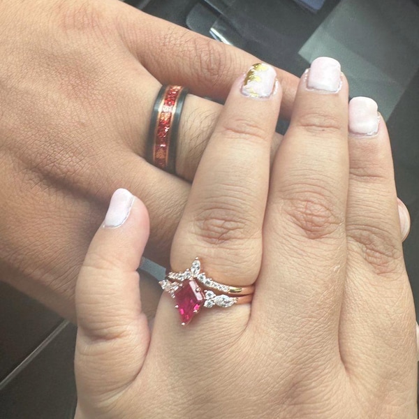 Skye Rose Gold Ruby Leaf Couples Ring Set- His and Hers Matching ...