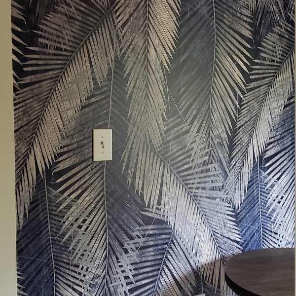 Navy Blue Wallpaper With Palm Frond Leaves, Leafy Big Print Wallpaper ...