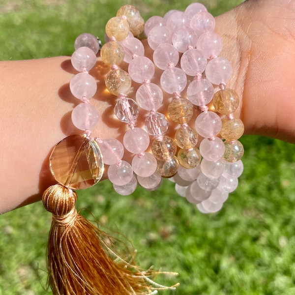 Citrine Mala, Rose Quartz 108 Beads Mala Necklace, Hand Knotted Natural ...