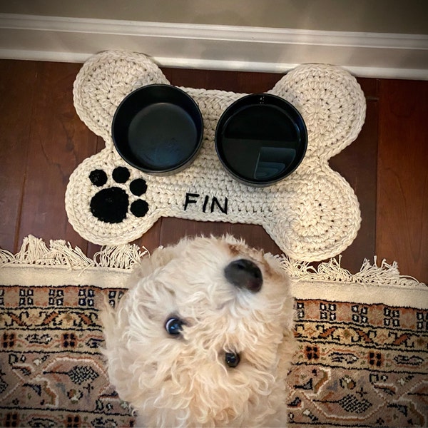 Ivory Beige Dog Mat With Paw Print, Personalized Dog Bone Food Water ...