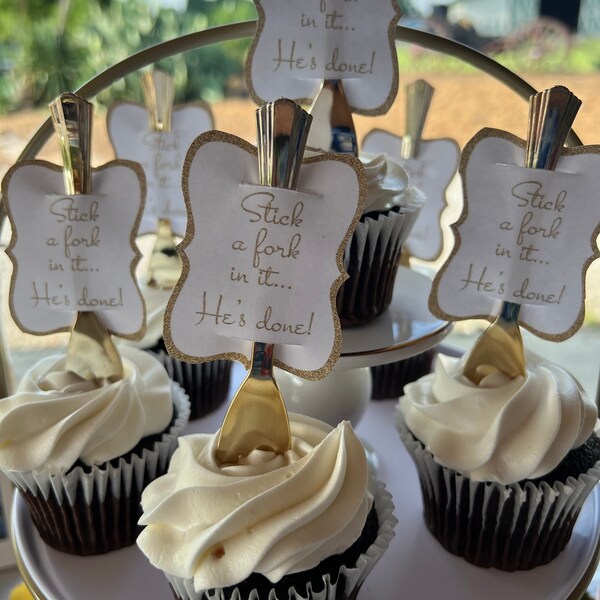 Stick a Fork in It Retirement Cupcake Toppers - White & Gold Theme ...