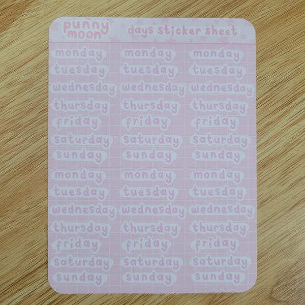 Pink Days of the Week Sticker Sheet| Cute Weekday Planner Stickers ...