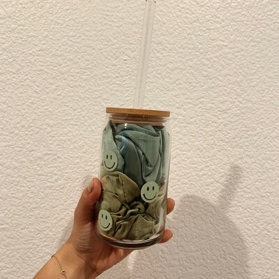 Sage Green Smiley Face Iced Coffee Glass Cup - Etsy