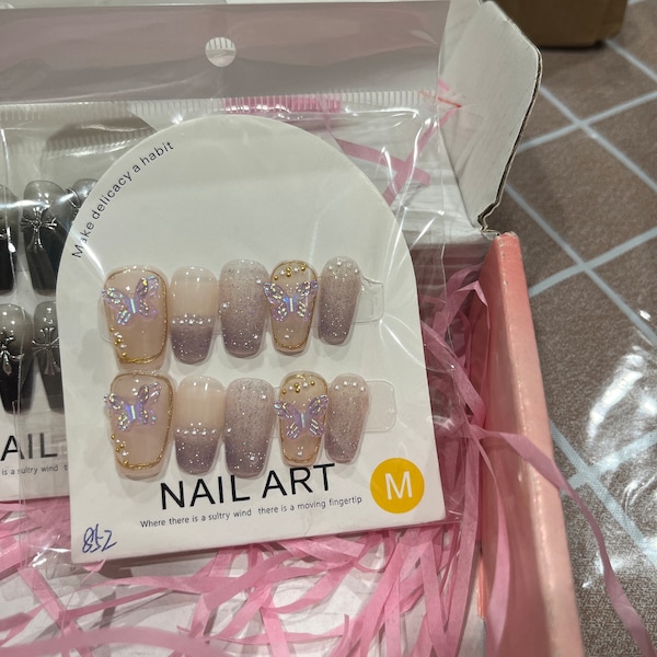 3D Butterfly Nails/glittering Gorgeous Purple French Tips Nails/wedding ...