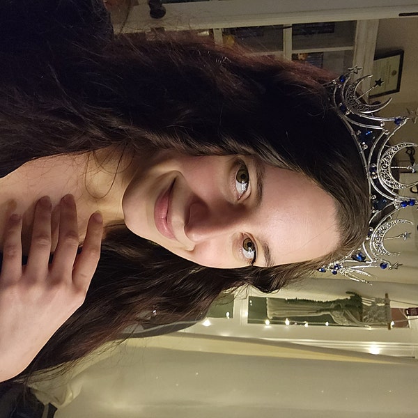 Fantasy Tiara MONA - Gold Moons and Stars, Black Crystals -moon Witch Headpiece, Vampire Ball ...