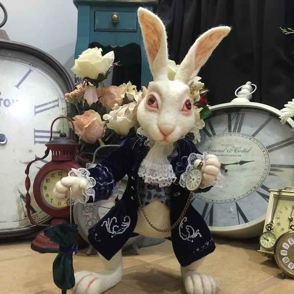 Needle Felted White Rabbit Alice in Wonderland Tim Burton Lewis Carrol ...