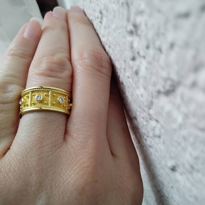 Wide Byzantine Ring, 18K Gold Byzantine Ring, Gemstone Solid Gold Ring ...