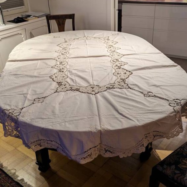 Exquisite Vintage Madeira Style Hand Embroidered Line Tablecloth Beige ...