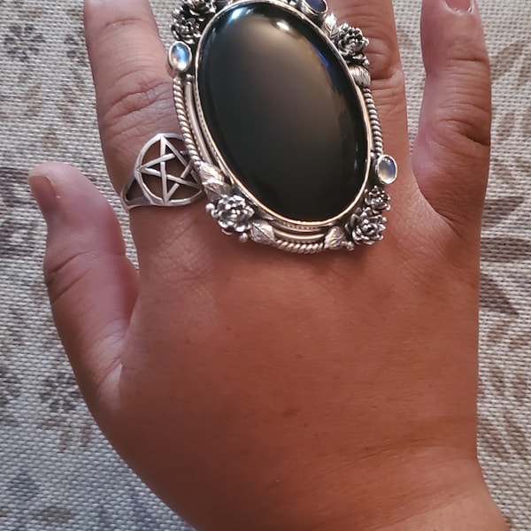 Black Onyx & Moonstone Ring, Black Onyx Ring, Gemstone Sterling Silver Ring, Statement Ring ...
