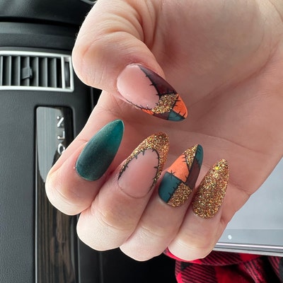 Patchwork Press on Nails Pumpkin Nails Fall Nails Autumn Nails Green ...