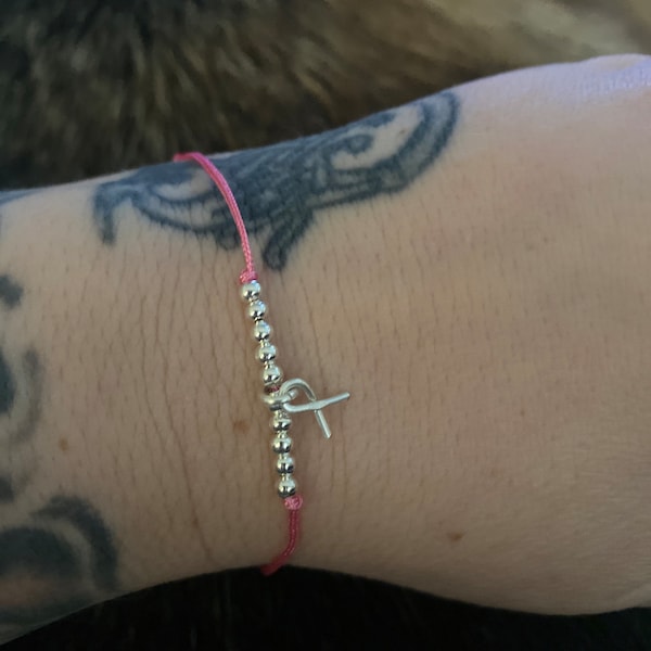 Breast Cancer Awareness Bracelet, Pink String Bracelet, Pink Ribbon ...
