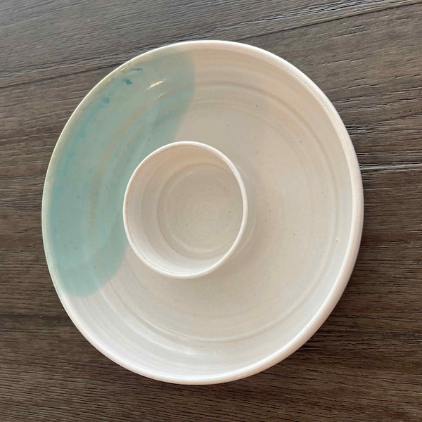 Handmade Pottery Chip and Dip Bowl Aqua Ceramic Chip and Dip Bowl ...