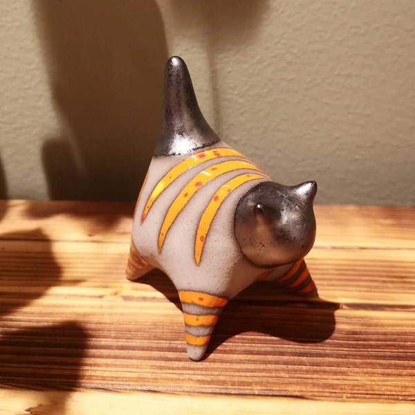 Handmade Ceramic Striped Cat Figurine: Collectible Kitten Sculpture ...