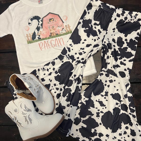 Girls Cow Pants, Cow Print Bell Bottoms, Cow Birthday Pants, Farm Theme ...
