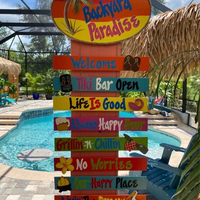 Backyard Paradise Hand Painted Wood Wall Hanger Sign Personalized Tiki ...