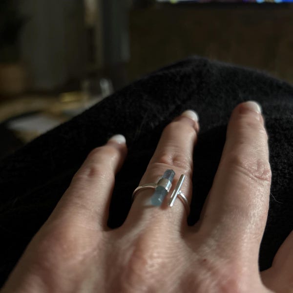 Raw Aquamarine Bar Ring, Adjustable Aqua Silver Stick Ring, March Birthstone Jewelry, Aquamarine ...