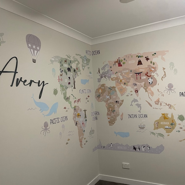 Country Names Colorful World Map Sticker, Animal World Map Decal, Peel ...