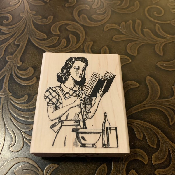 Housewife Reading Recipe RUBBER STAMP, Cooking Stamp, Housework Stamp ...
