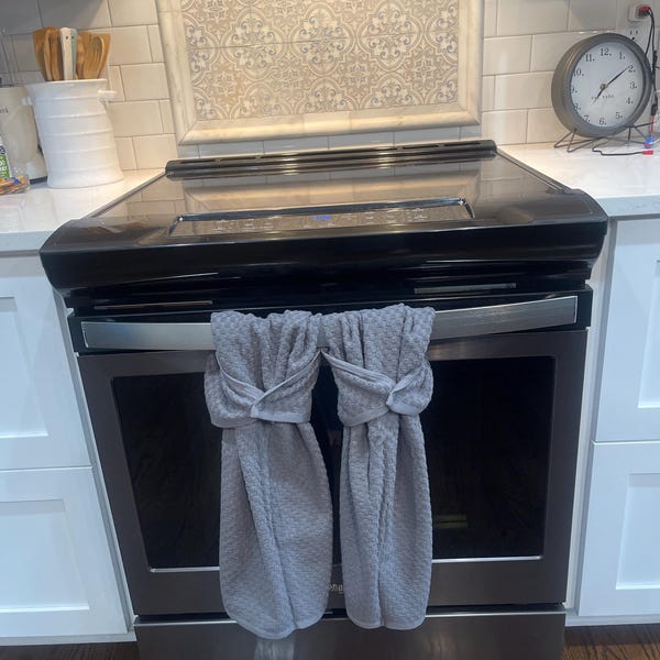 Neutral Ticking Stripe Kitchen Towels With Ruffle, Stay Put Towel, Dish ...