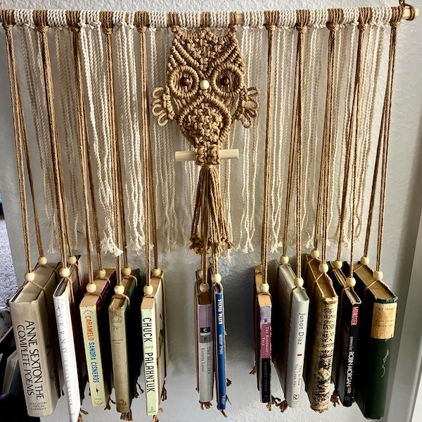Macrame Book Holder, Macrame Owl, Room Décor, Hanging Bookshelf, Mid ...