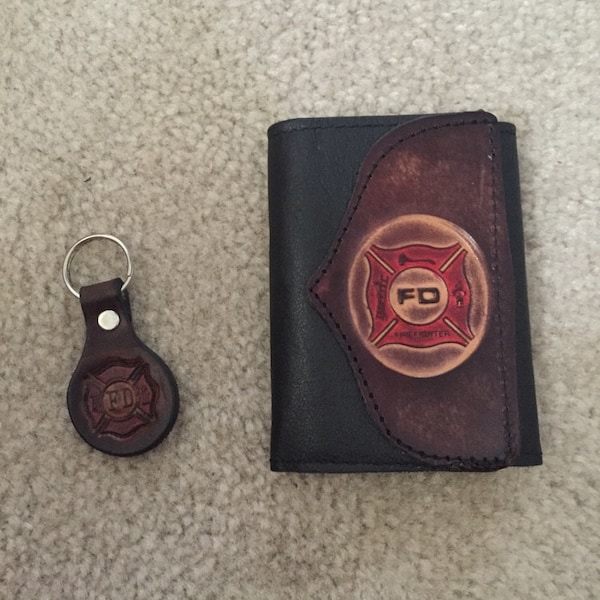 Hand-crafted "firefighter" Leather Tri-fold Wallet Plus Free Key Chain ...