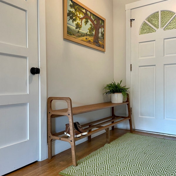 Mid Century Bench, Entryway Bench, Mid Century Shoe Storage, Wood Bench ...
