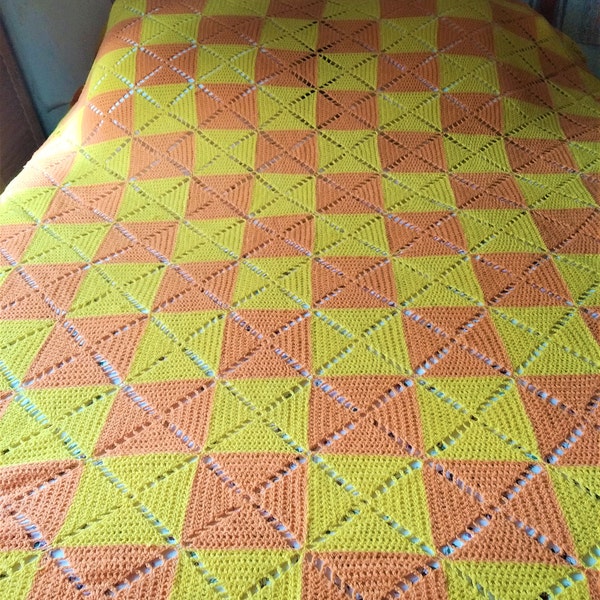 French Vintage Folk Art Crochet Afghan Blanket, COROLLE, Handmade ...