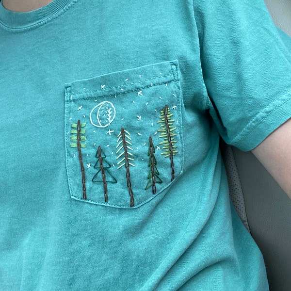 Spruce Trees Hand-embroidered Pocket Tee Shirt Unisex Short Sleeve - Etsy